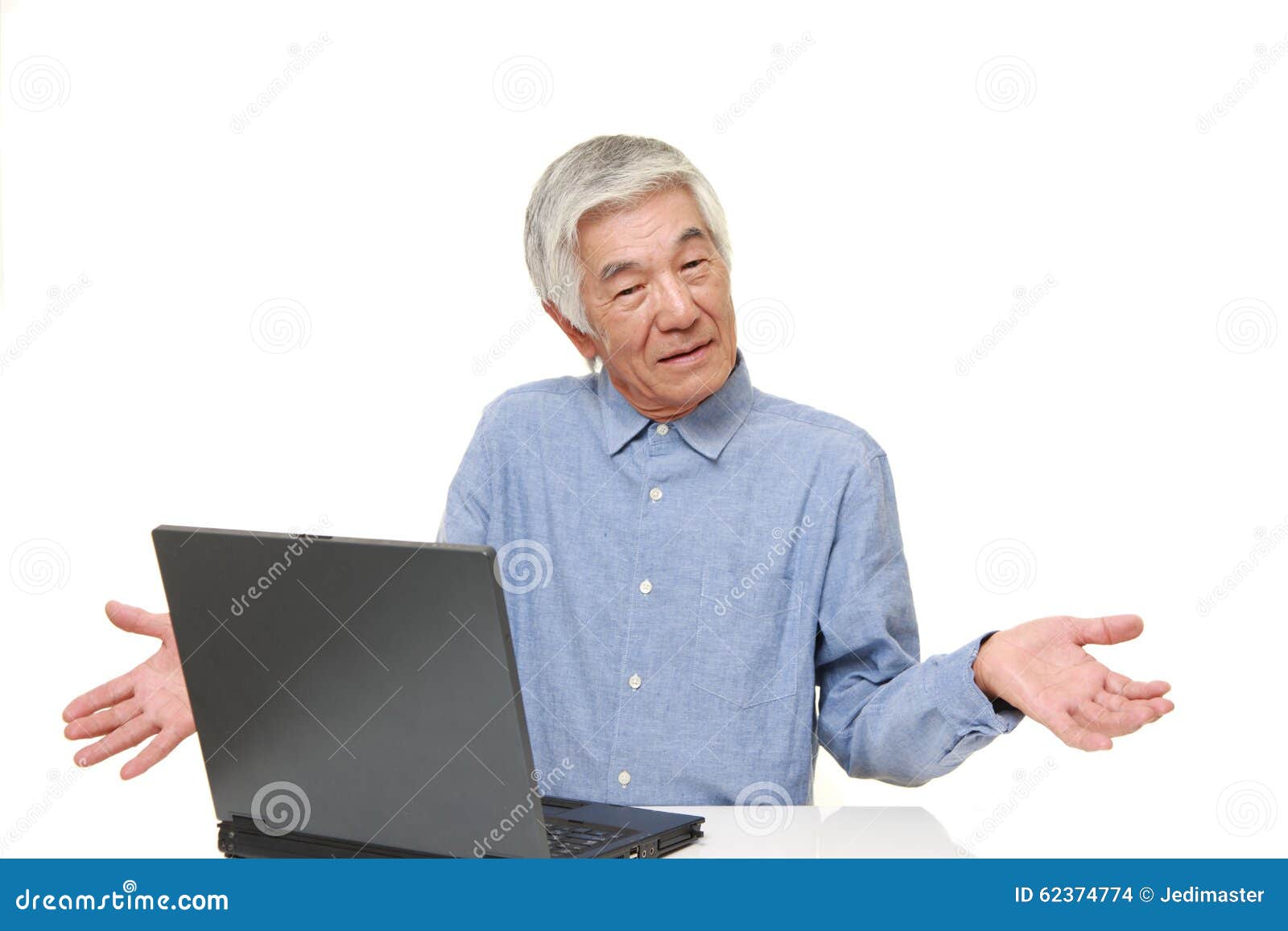 Senior Japanese Man Using Computer Looking Confused Stock Photo - Image ...