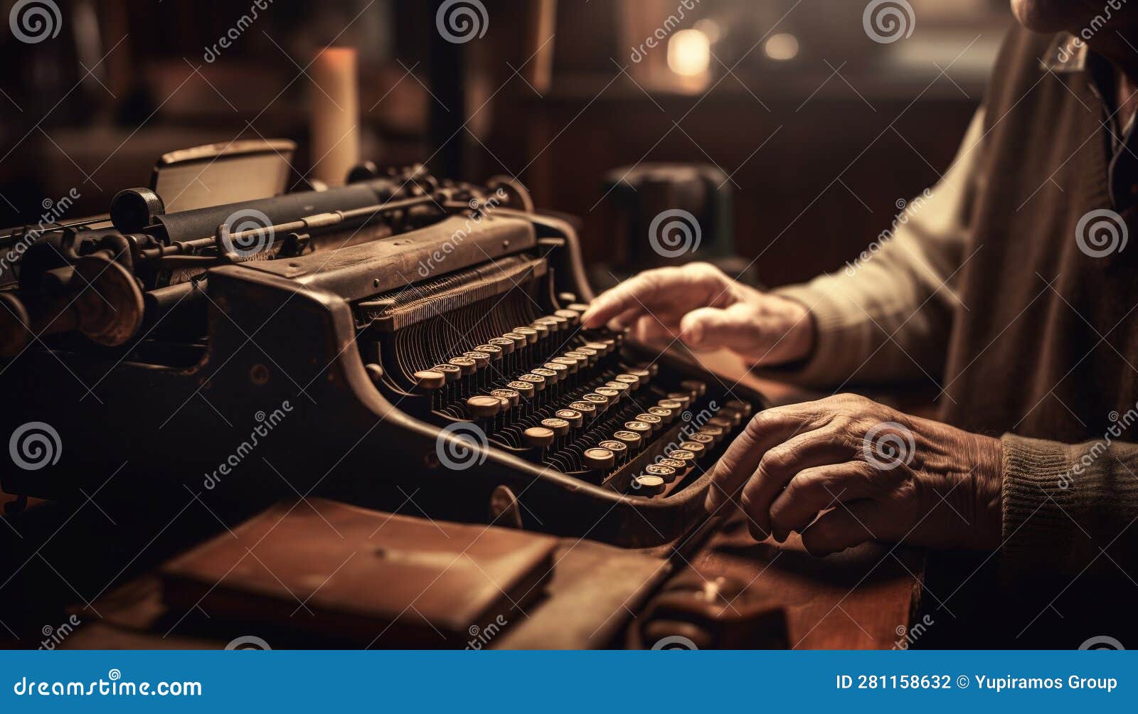 Senior Journalist Holding Old Fashioned Typewriter, Typing Memories for ...