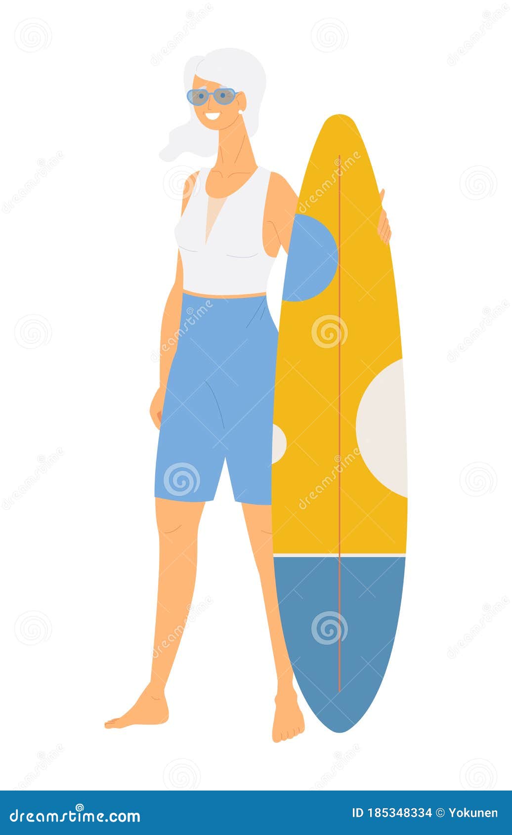 Senior Lady with Funboard Surfboard Isolated on White. Vector Flat ...