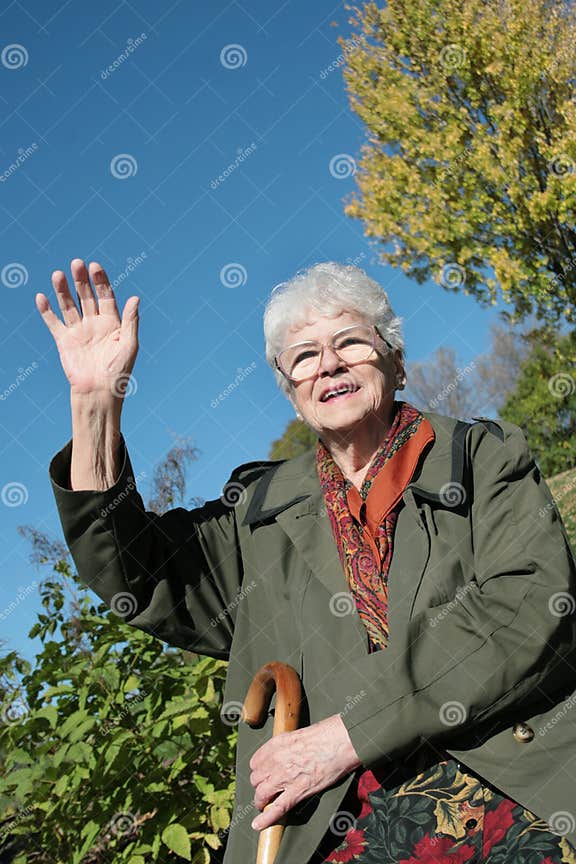 Senior lady goodbye stock photo. Image of shrubbery, stick - 3466028
