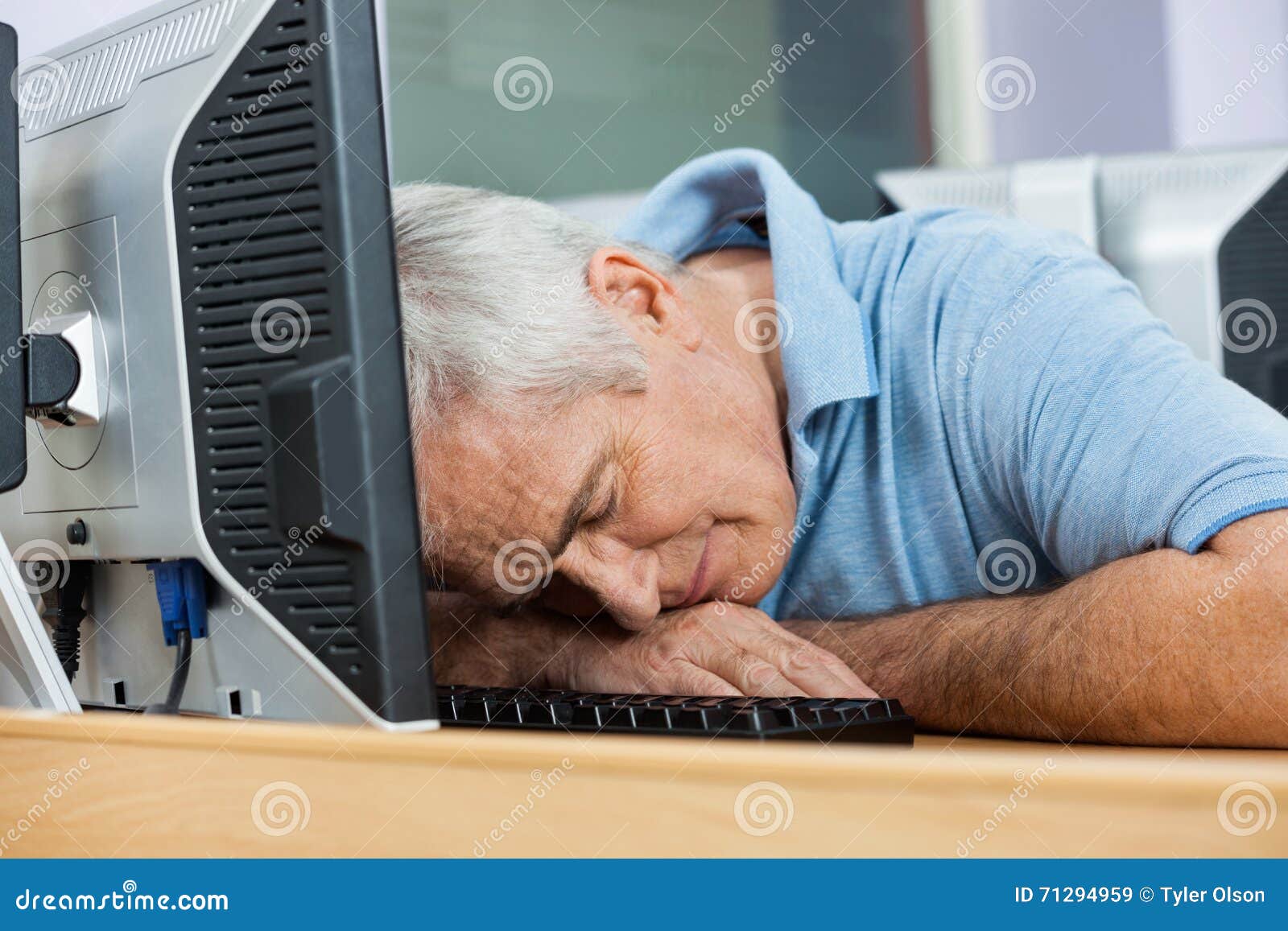 Senior Male Student Sleeping at Computer Desk Stock Image - Image of ...