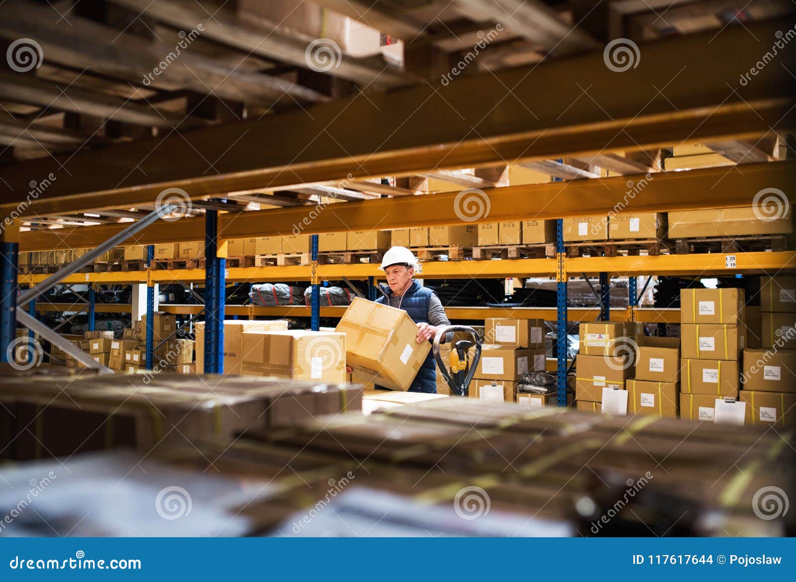 Senior Male Warehouse Worker or a Supervisor Unloading a Pallet Truck ...