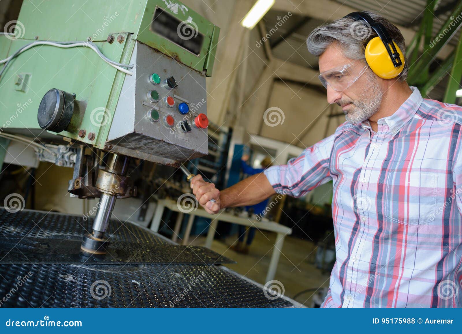 Senior Man Activating Lever Factory Machine Stock Photo - Image of ...