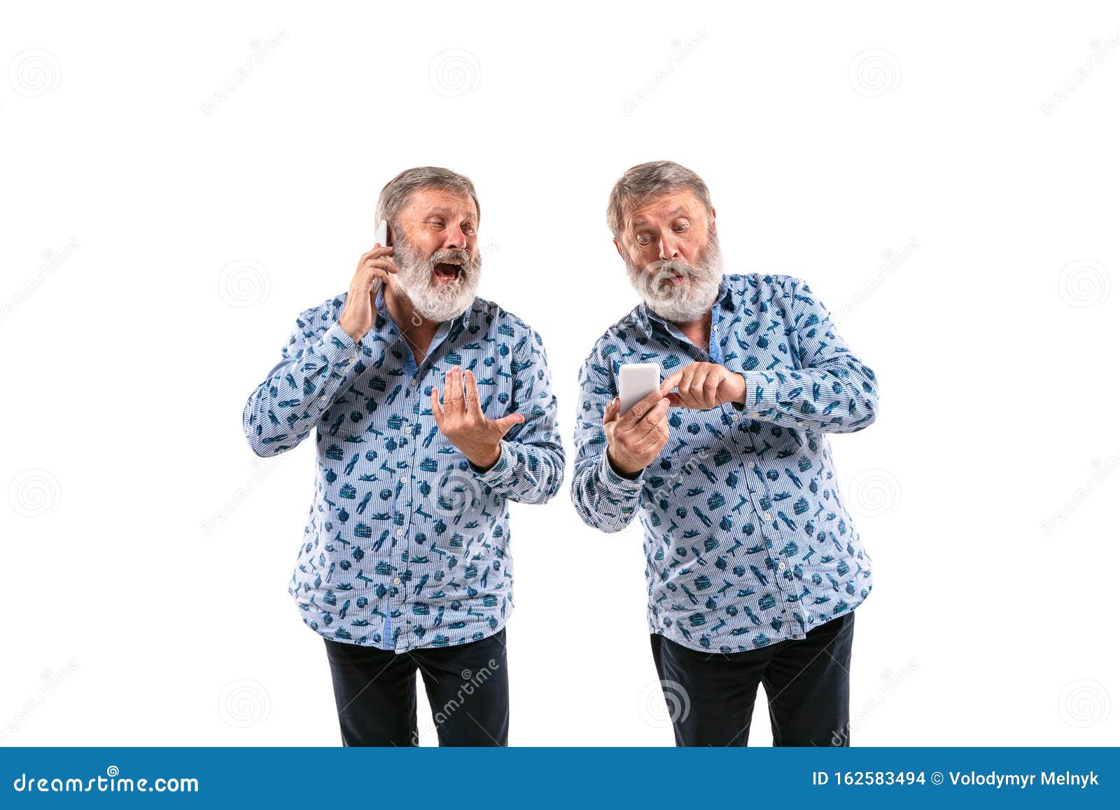 Senior Man Arguing with Himself on White Studio Background. Stock Photo ...