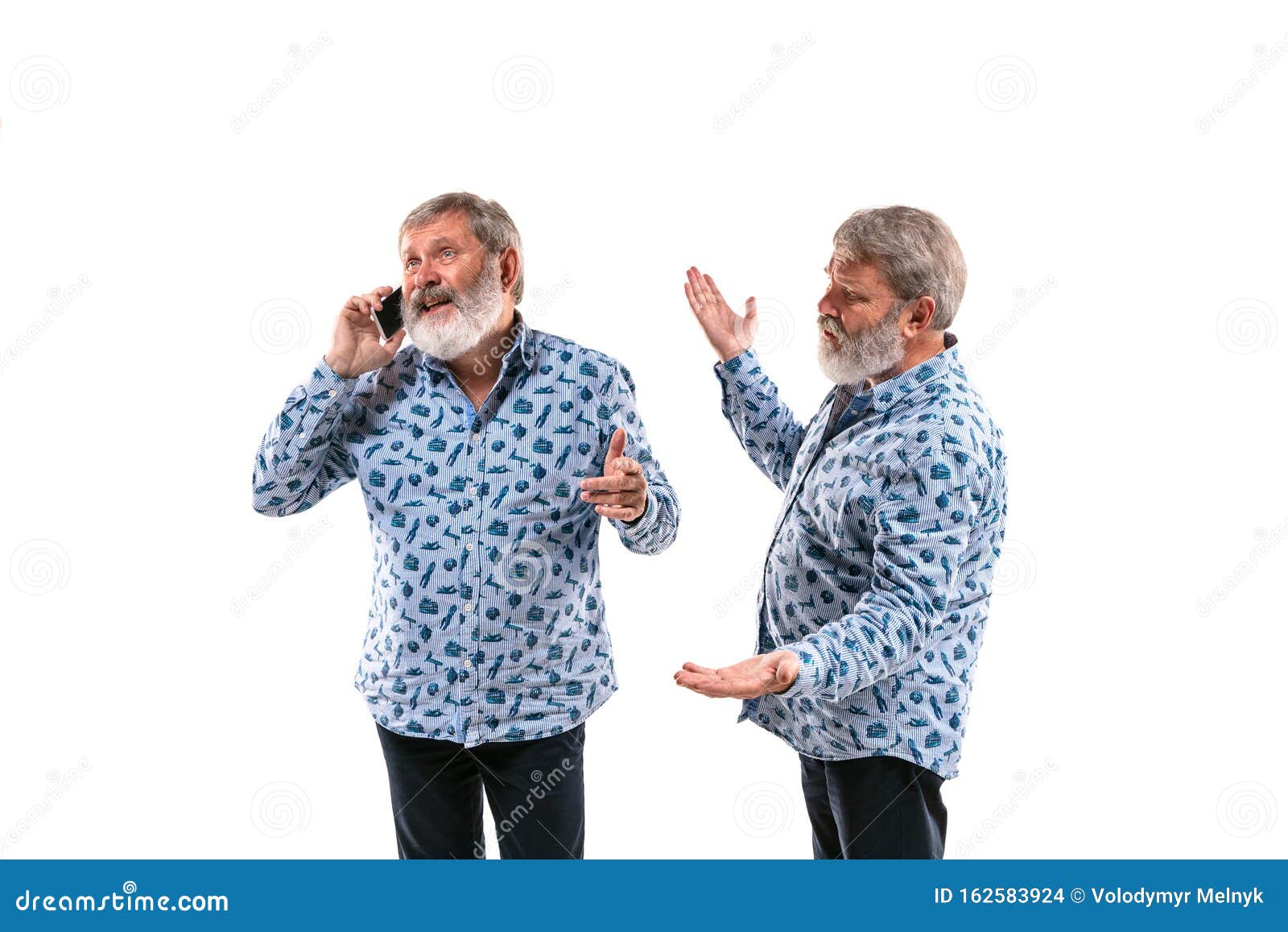 Senior Man Arguing with Himself on White Studio Background. Stock Photo ...