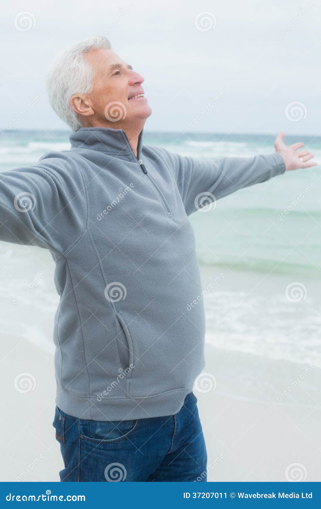 Senior Man with Arms Outstretched at Beach Stock Image - Image of grey ...