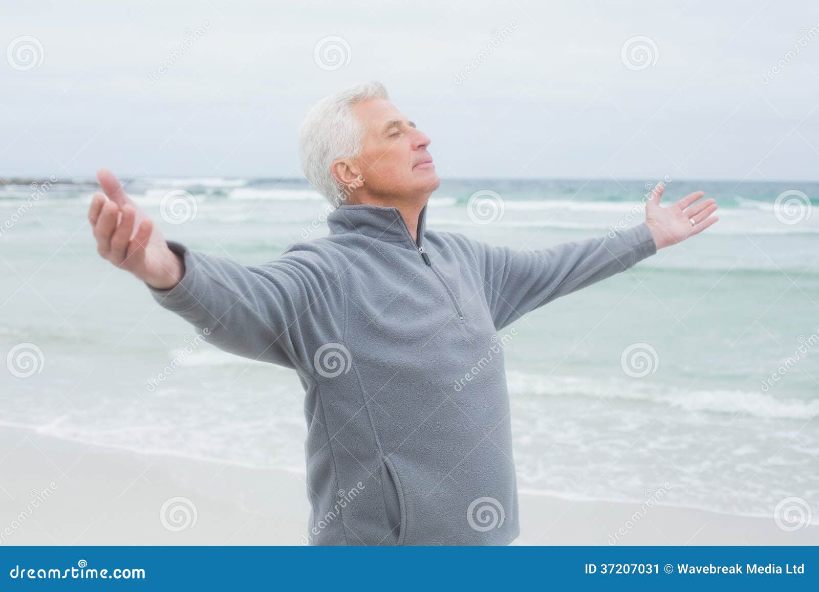 Senior Man with Arms Outstretched at Beach Stock Image - Image of ...