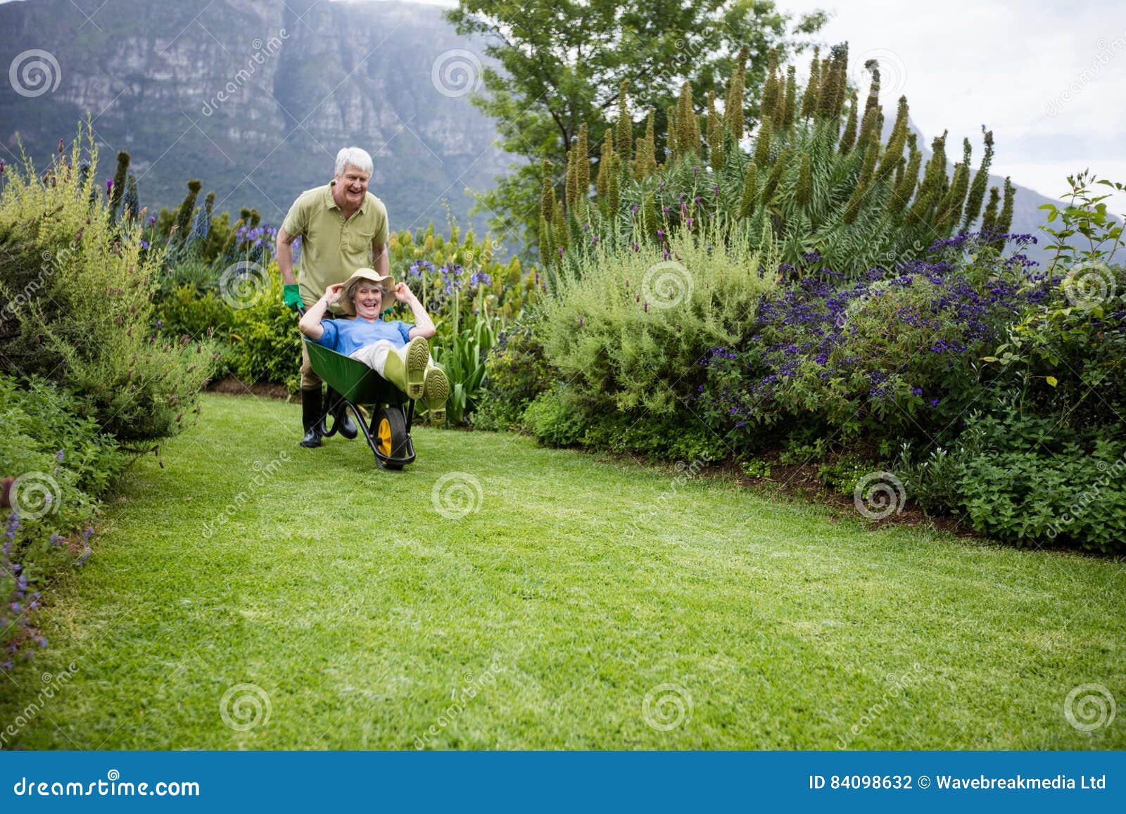 Senior Man Carrying His Partner in Wheelbarrow Stock Photo - Image of ...