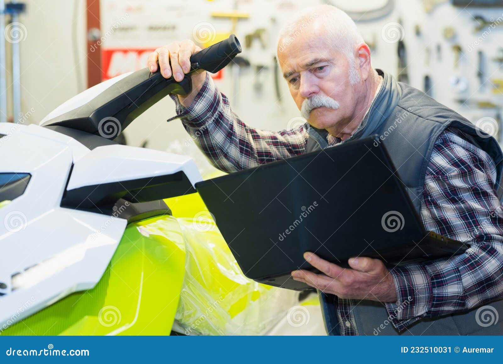 Senior Man Checking Motorcycle in Salon Stock Image - Image of ...