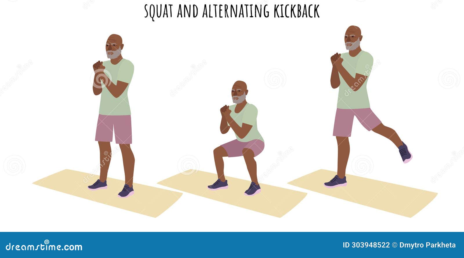 Senior Man Doing Squat and Alternating Kickback Stock Illustration ...