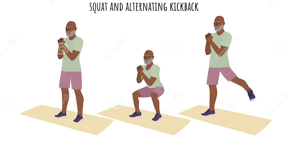 Senior Man Doing Squat and Alternating Kickback Stock Illustration ...