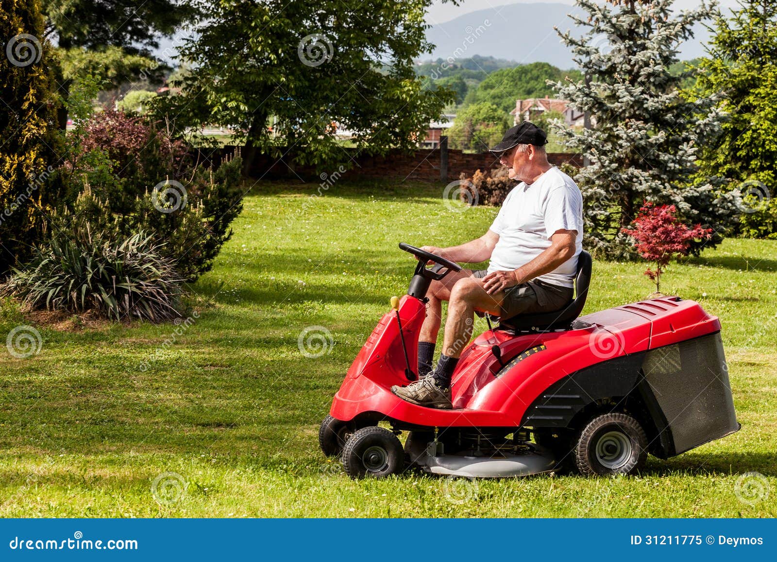 Senior Man Driving a Red Lawn Mower Stock Image - Image of equipment ...
