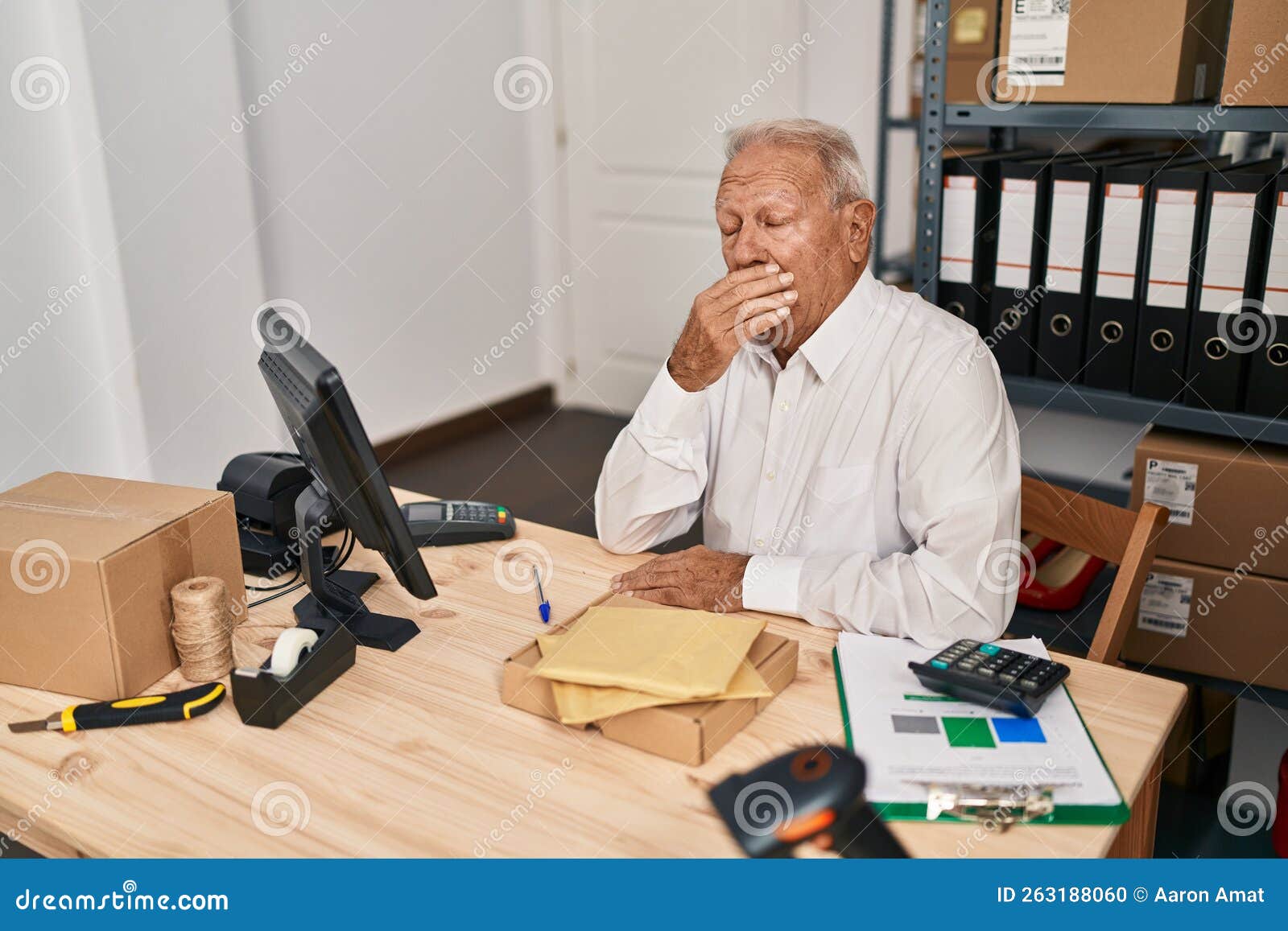 Senior Man Ecommerce Business Worker Tired Working at Office Stock ...