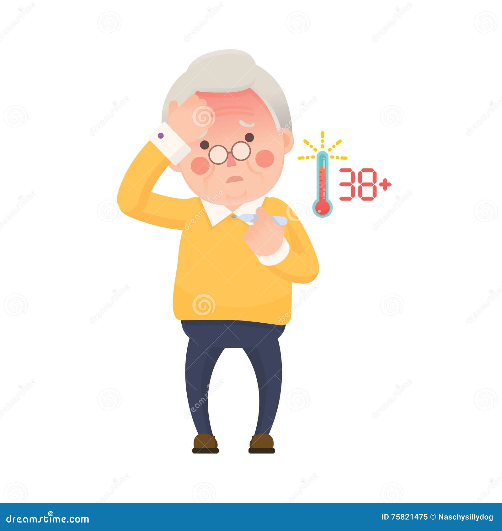 Senior Man with Fever Checking Thermometer Stock Vector - Illustration ...