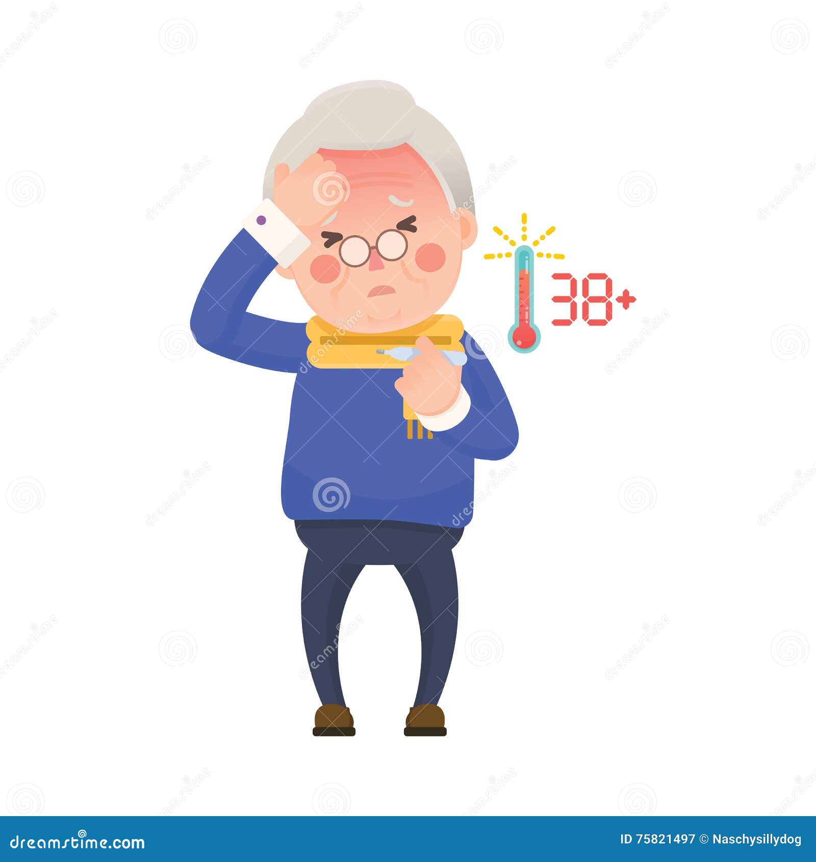 Senior Man with Fever Checking Thermometer Stock Vector - Illustration ...