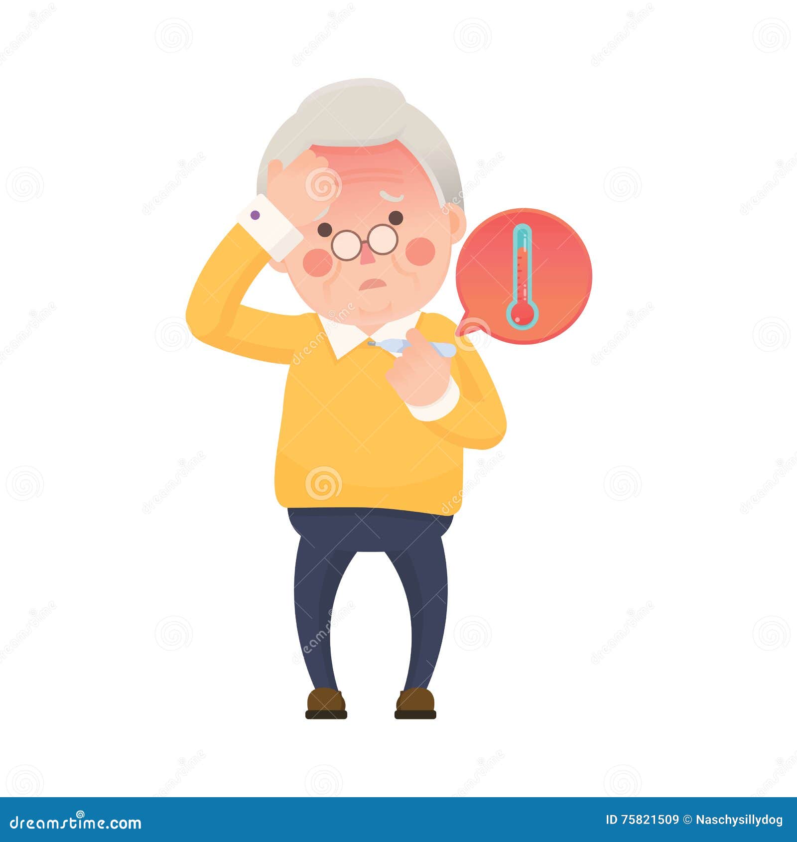 Senior Man With Fever Checking Thermometer Cartoon Vector ...