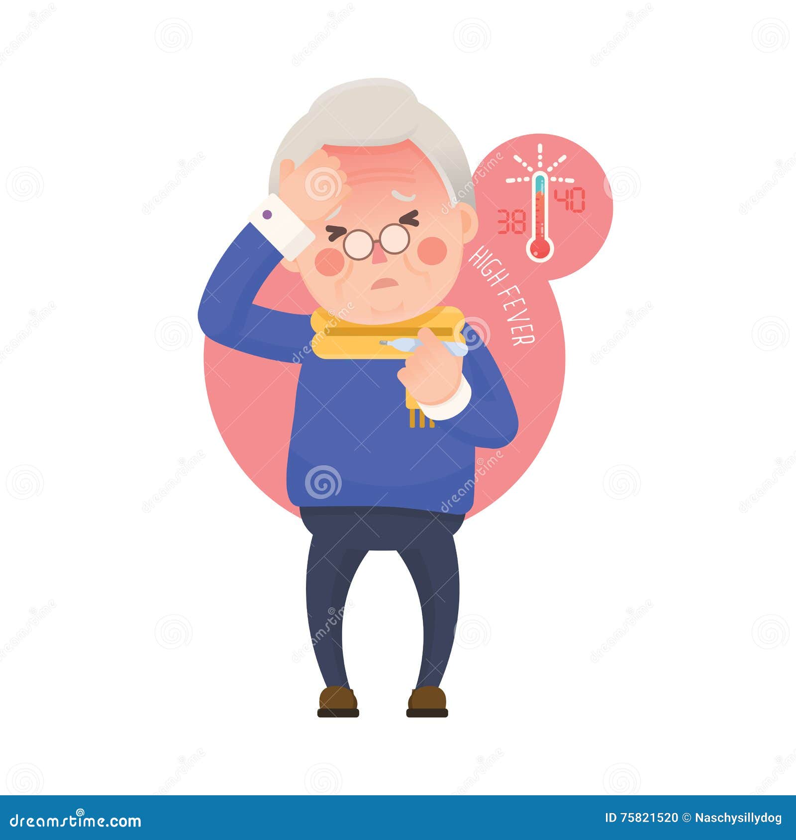 Senior Man With Fever Checking Thermometer Cartoon Vector ...
