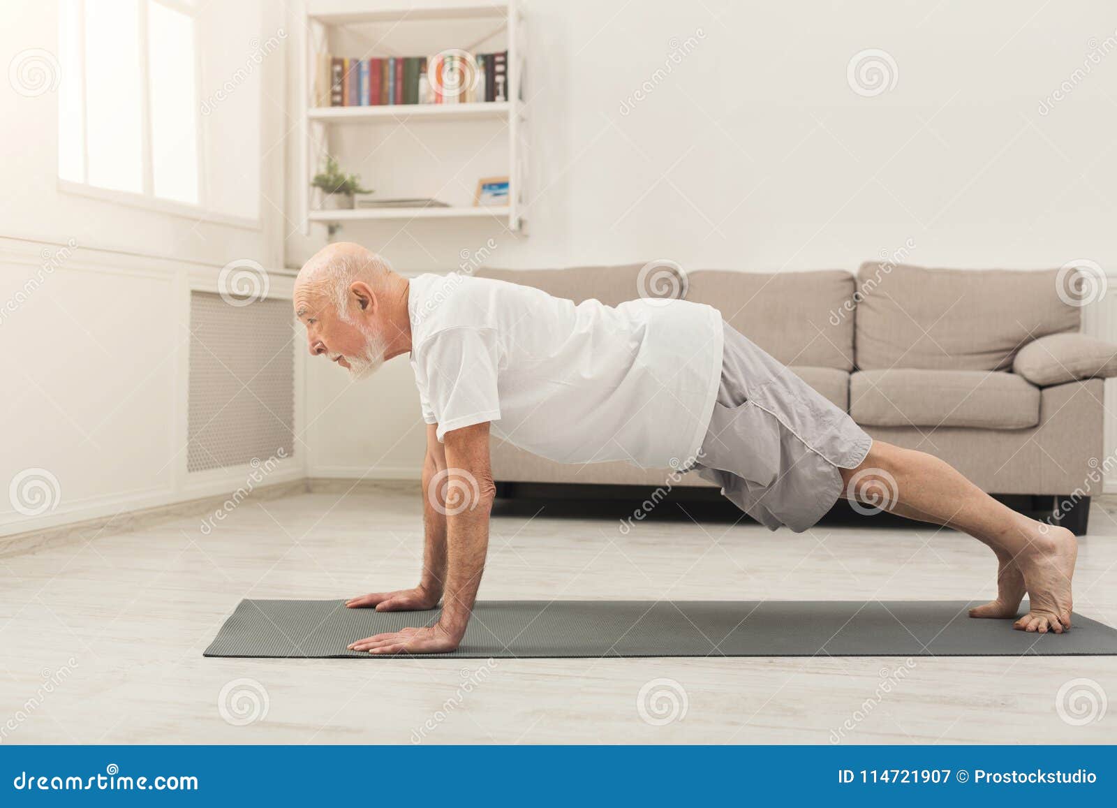 Senior Man Fitness Workout Push Ups Or Plank Stock Image Image Of