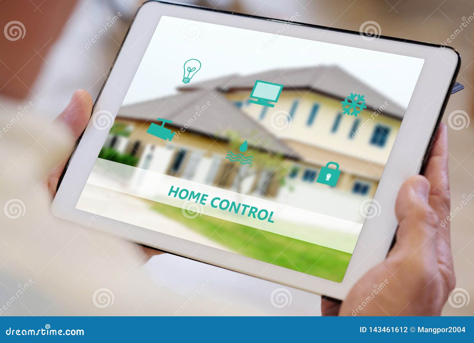 Senior Man Hand Using Digital Tablet with Smart Home Control Icon on ...