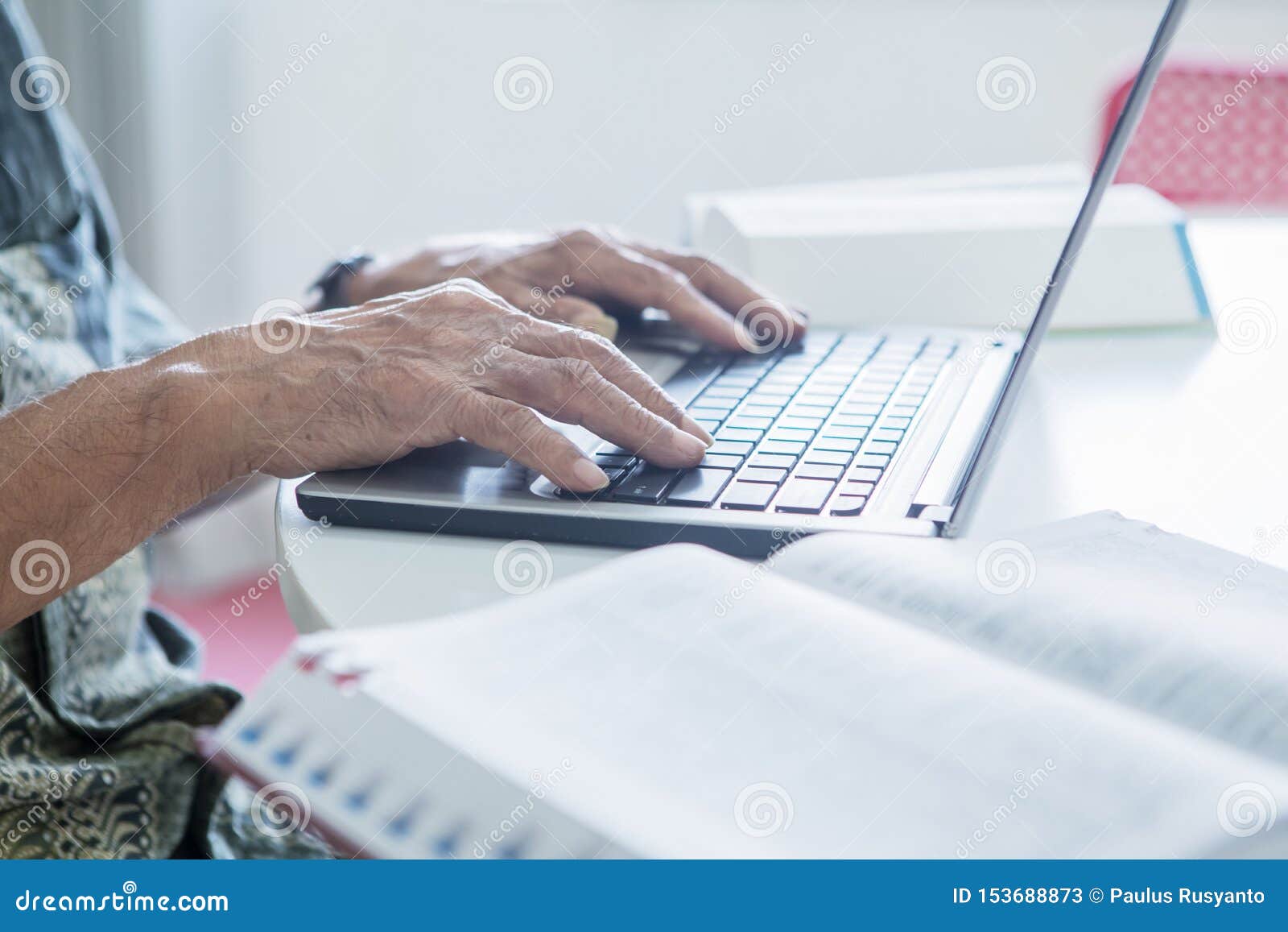 Senior Man Hands Typing on Laptop in Library Stock Image - Image of ...