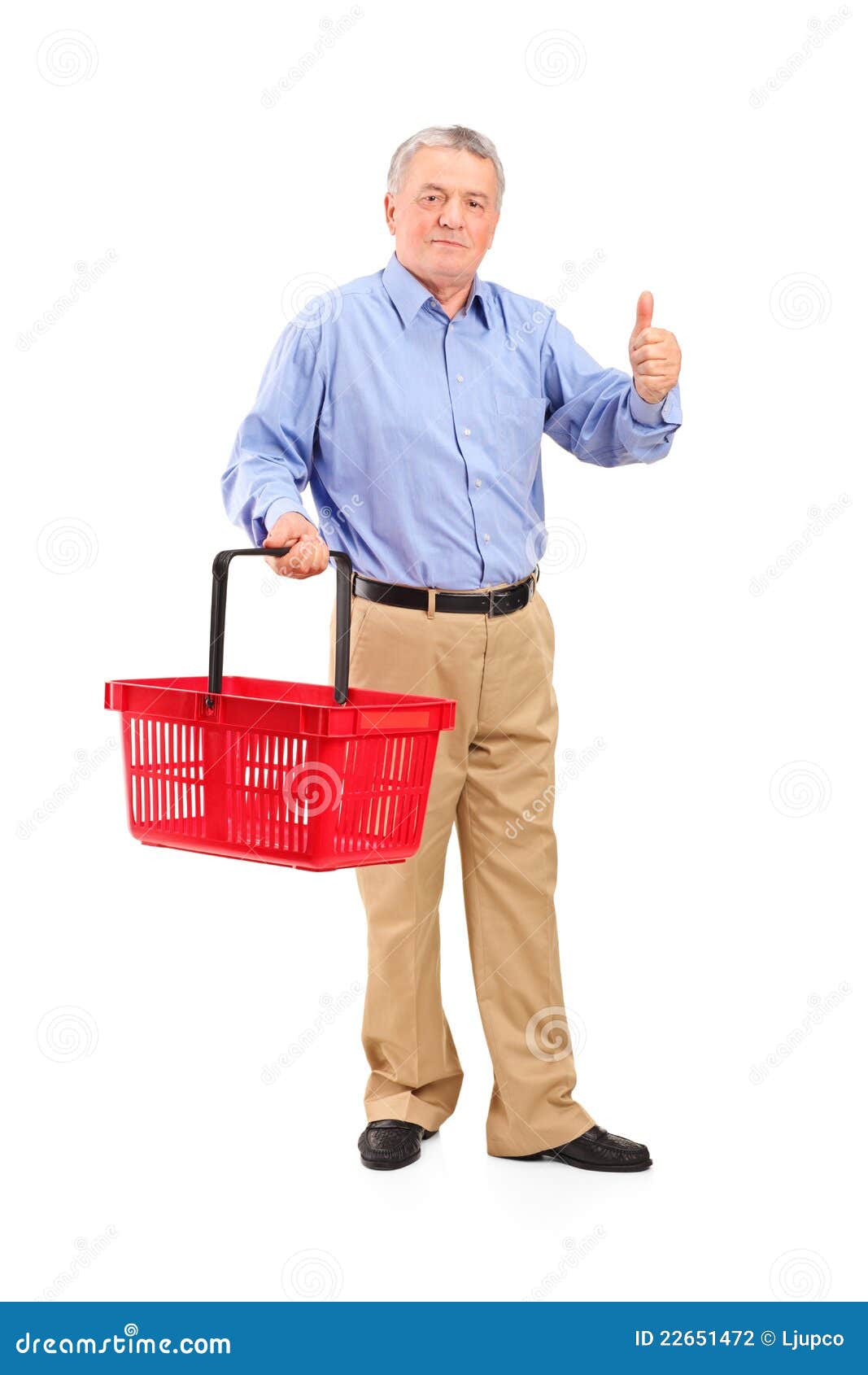 Senior Man Holding Basket and Giving Thumb Up Stock Photo - Image of ...