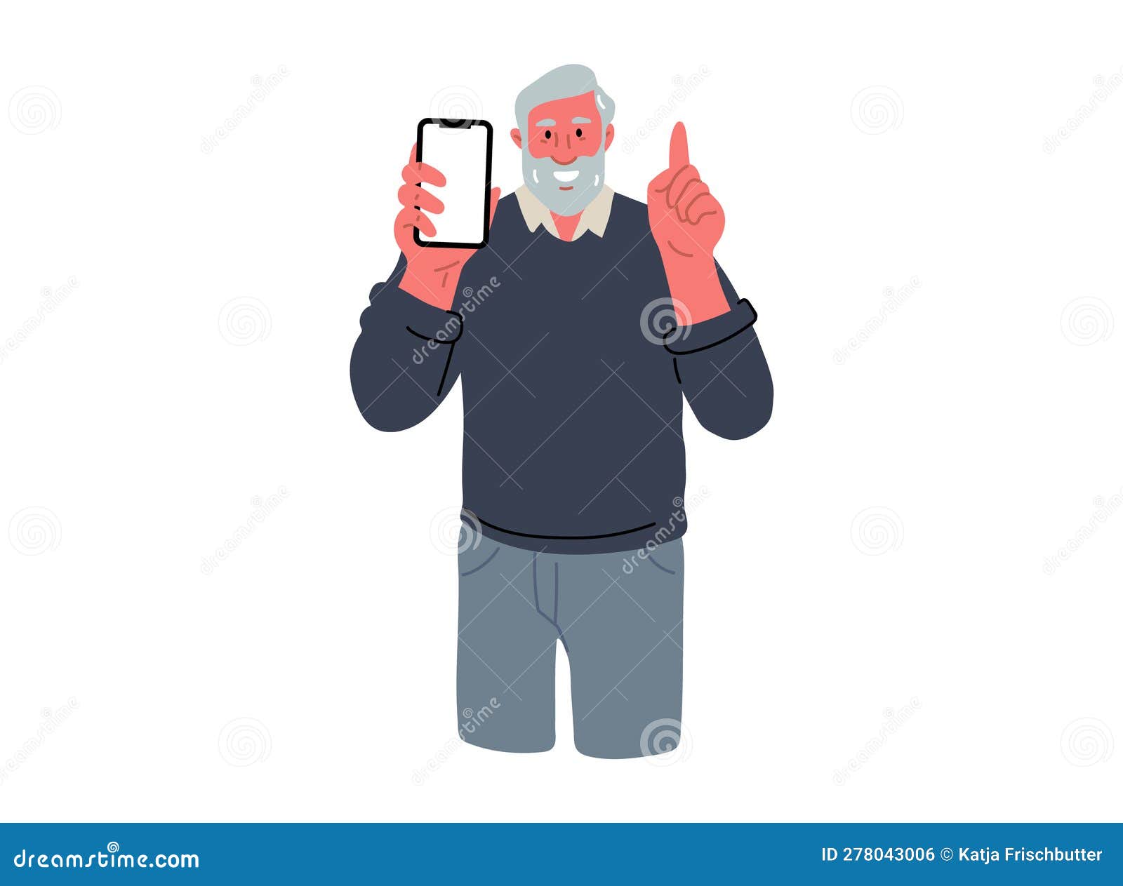 Senior Man Is Holding Mobile Phone And Raising His Finger Vector