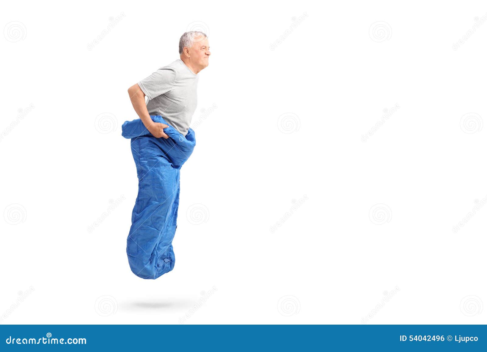 Senior Man Jumping in a Blue Sack and Smiling Stock Photo - Image of ...