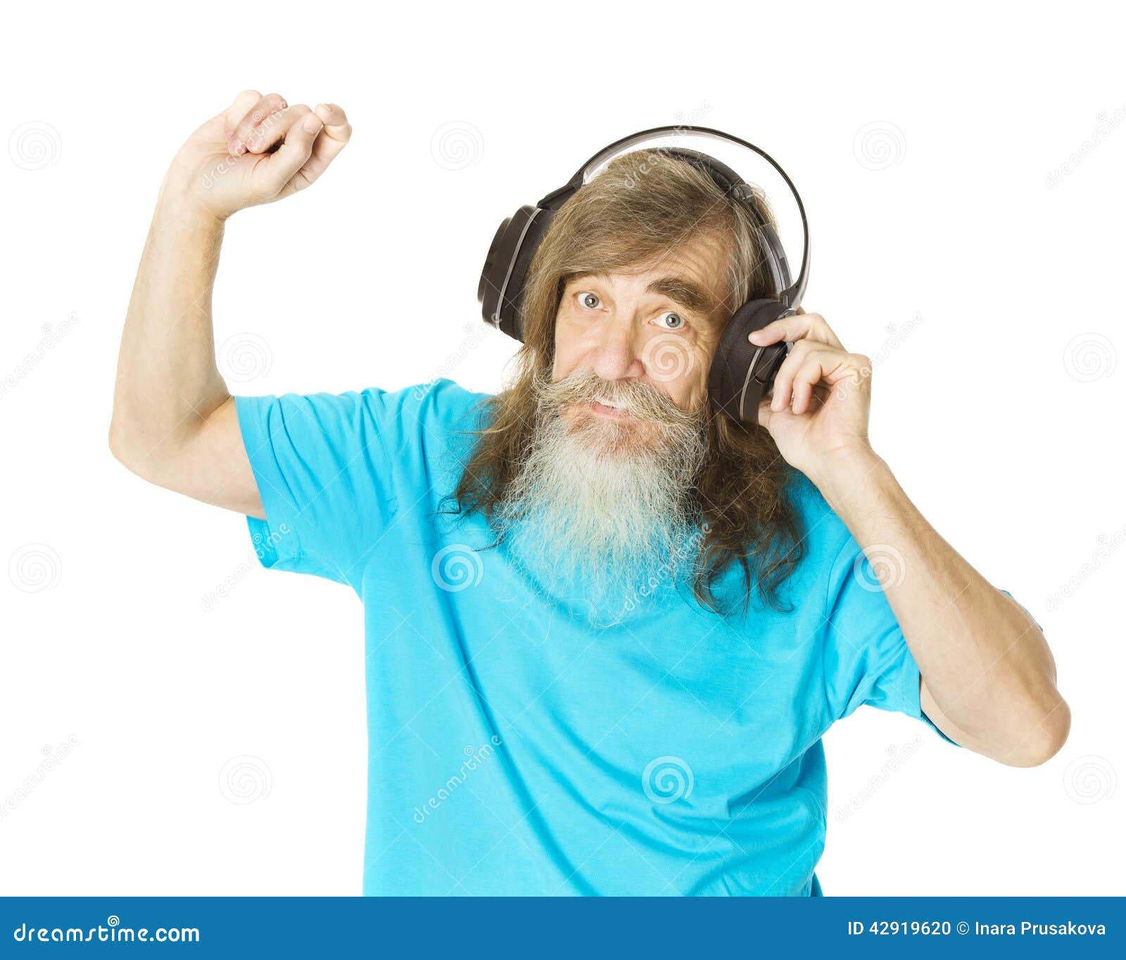 Senior Man Listening Music In Headphones Old Man With Beard Dan Stock