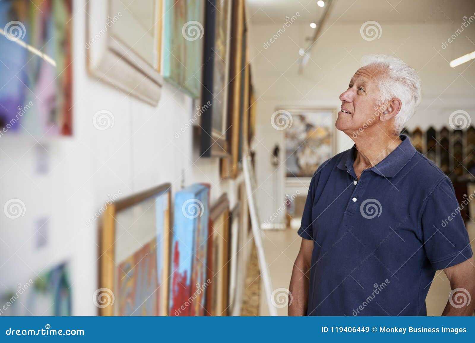 Senior Man Looking at Paintings in Art Gallery Stock Image - Image of ...