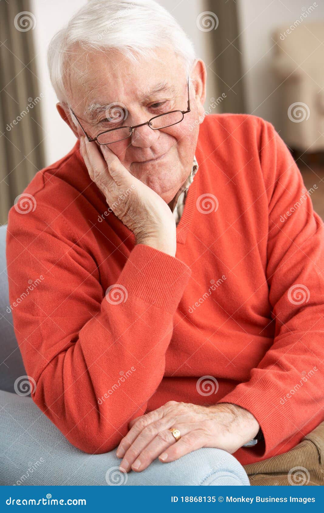 Senior Man Looking Sad at Home Stock Image - Image of headache, room ...