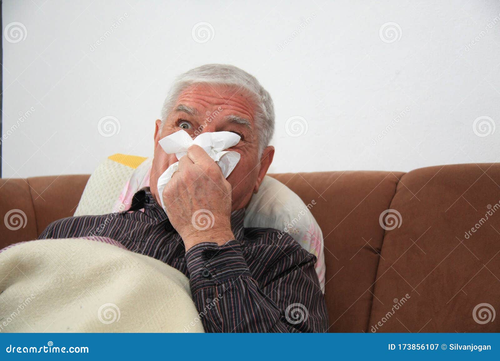 A Senior Man Lying and Sniffling in Handkerchief Stock Image - Image of ...
