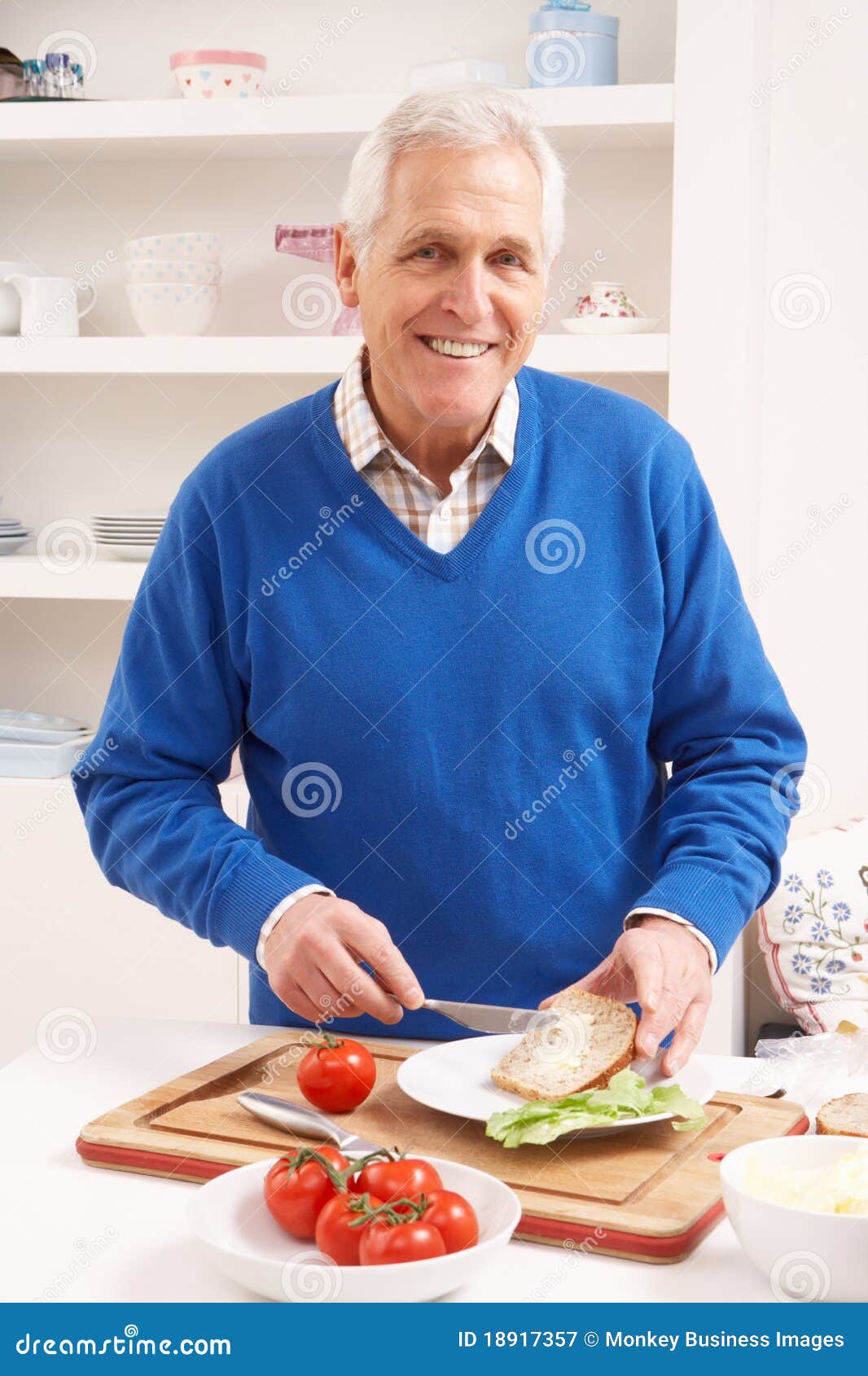 Senior Man Making Sandwich in Kitchen Stock Image - Image of older ...