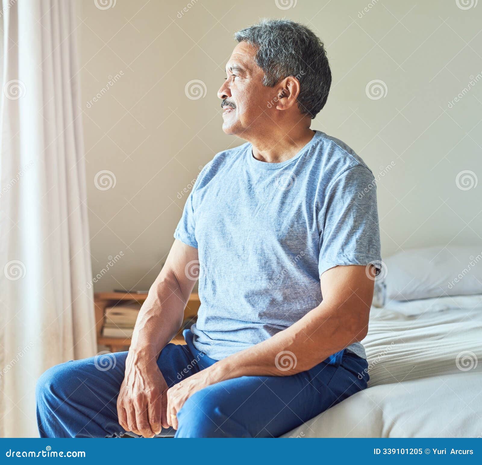 Senior Man, Memory and Window in Bedroom, Thinking and Remember with ...