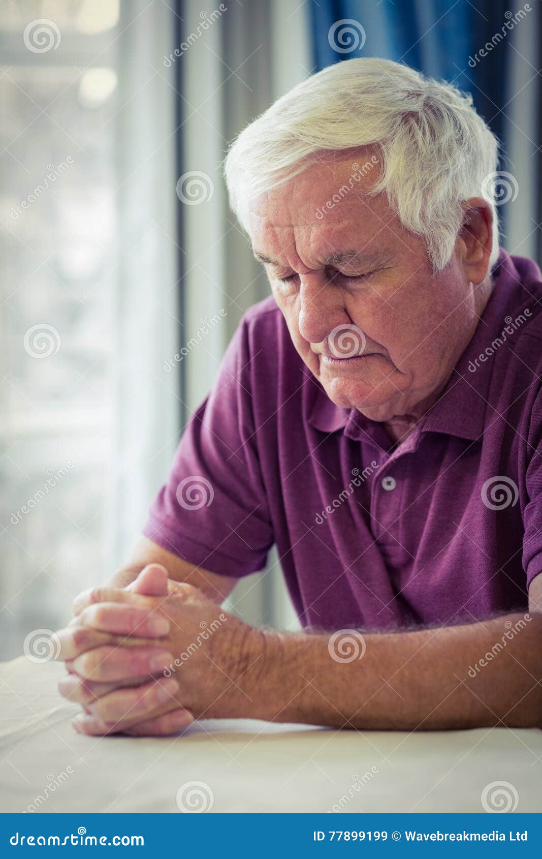 Senior Man Praying in Living Room Stock Image - Image of aged ...