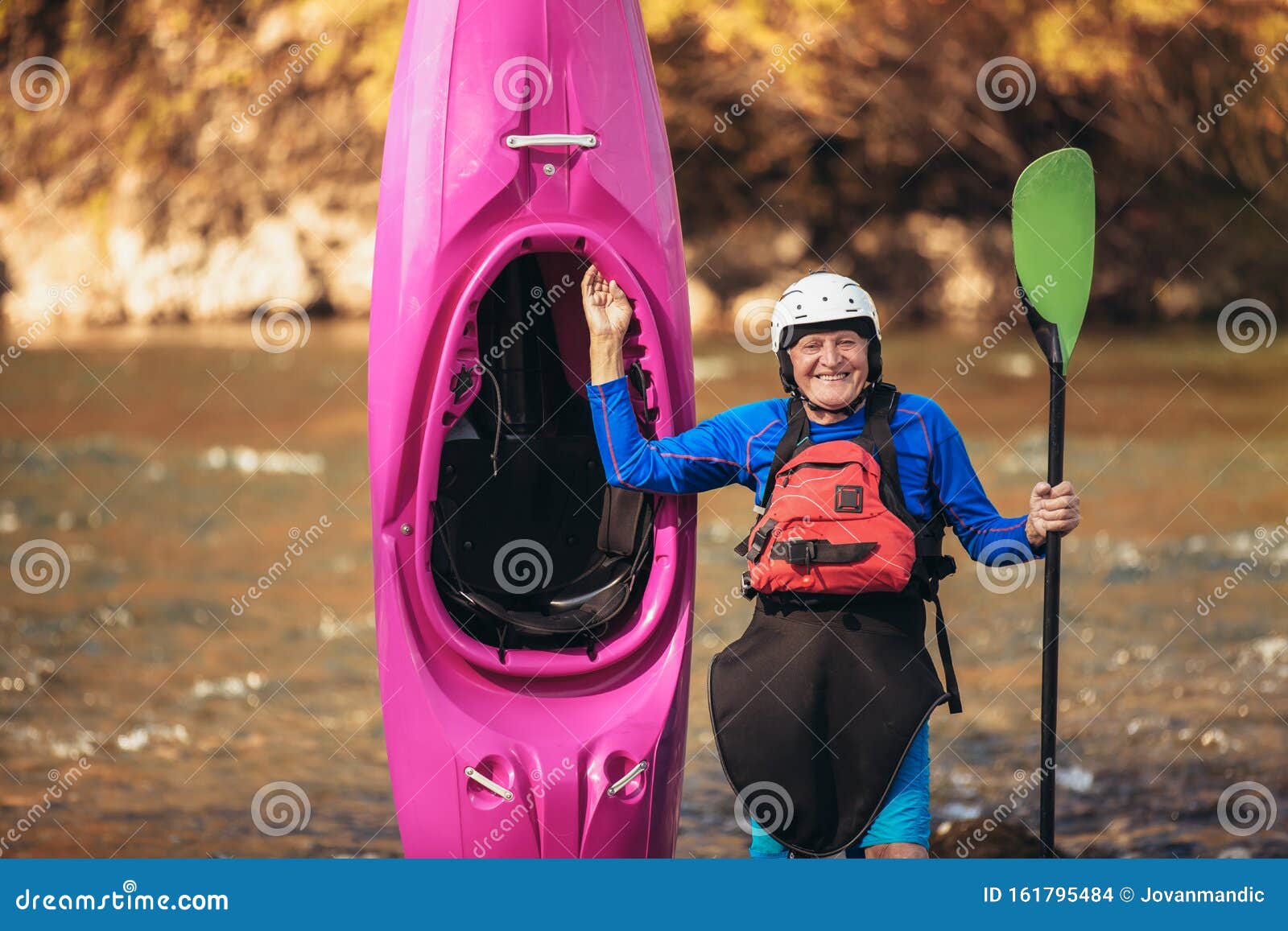 Senior Man Preparing for Kayak Tour on a Mountain River Stock Photo ...