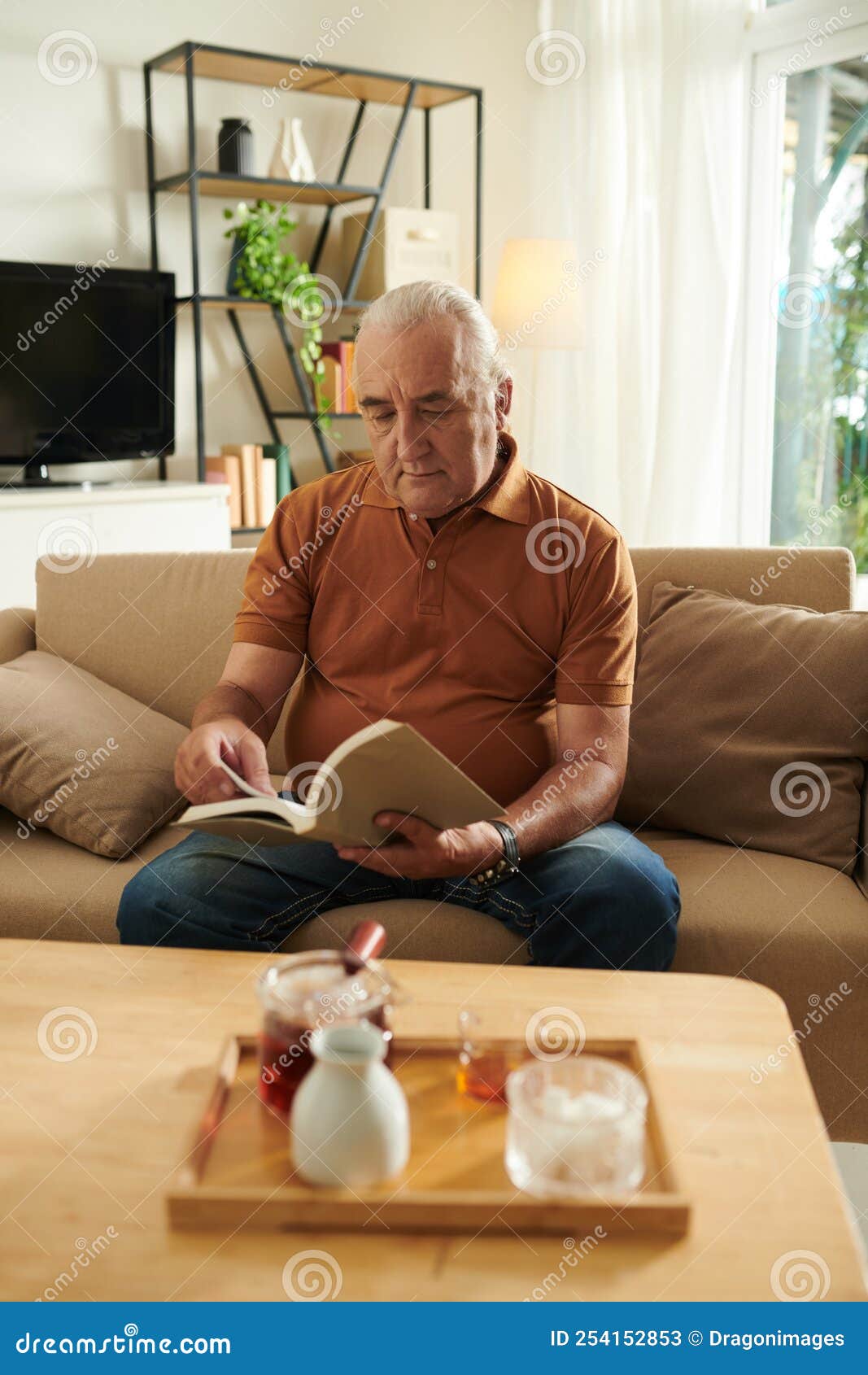 Senior Man Reading Captivating Book Stock Image - Image of sofa ...