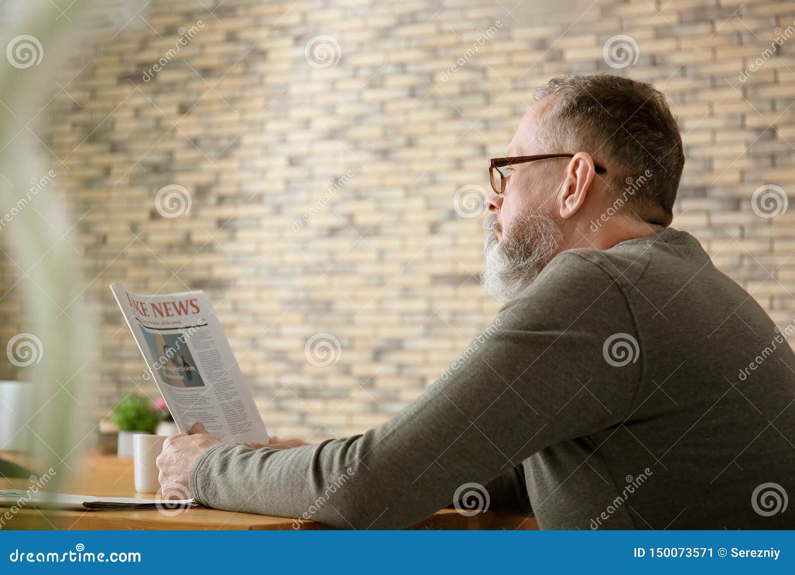 Senior Man Reading Newspaper in Cafe Stock Image - Image of mature ...