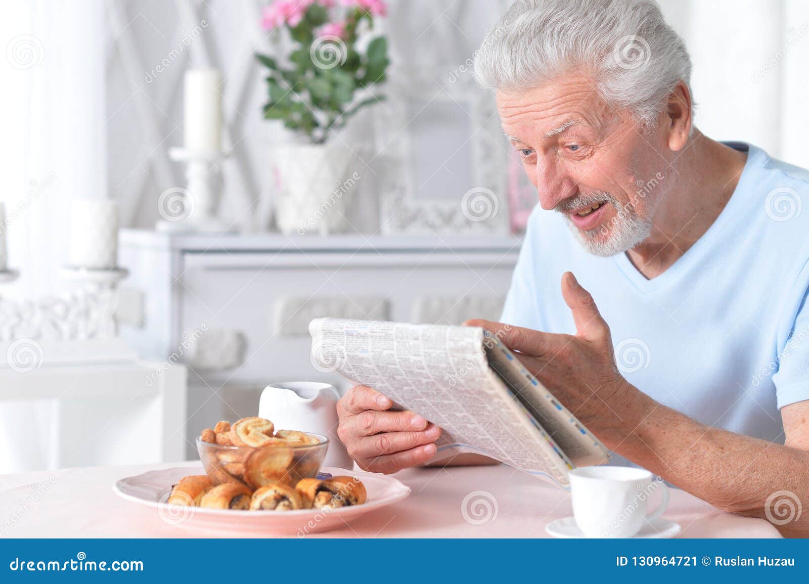 Portrait of Senior Man Reading Newspaper Duting Breakfast Stock Image ...