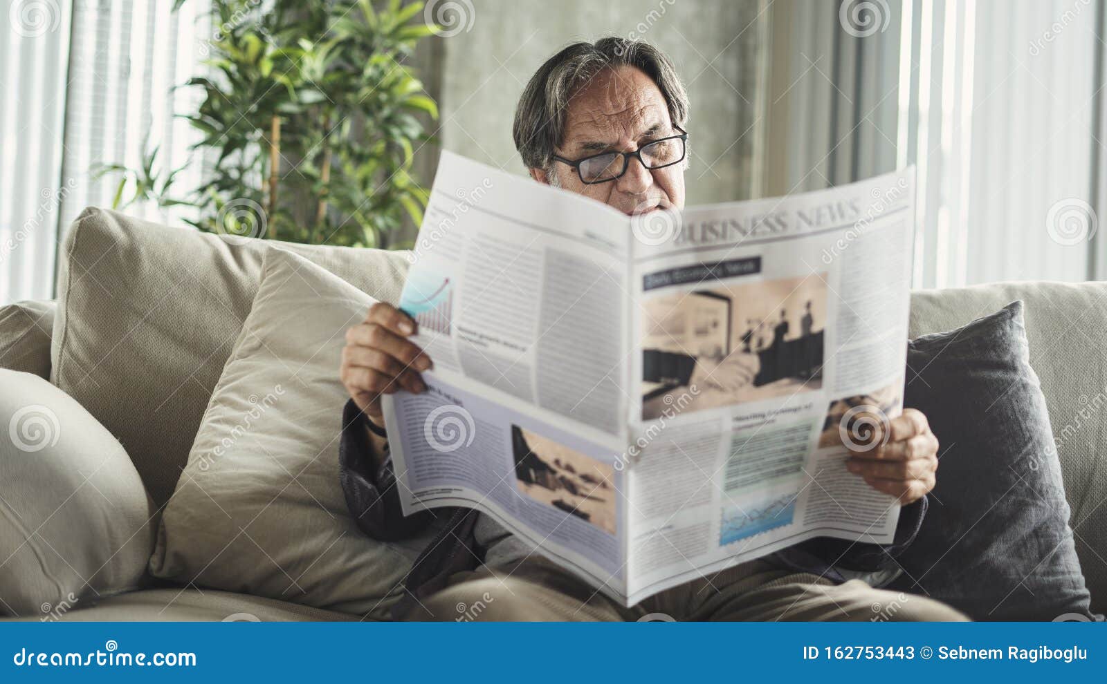 Senior Man Reading Newspaper at Home Stock Image - Image of news, home ...