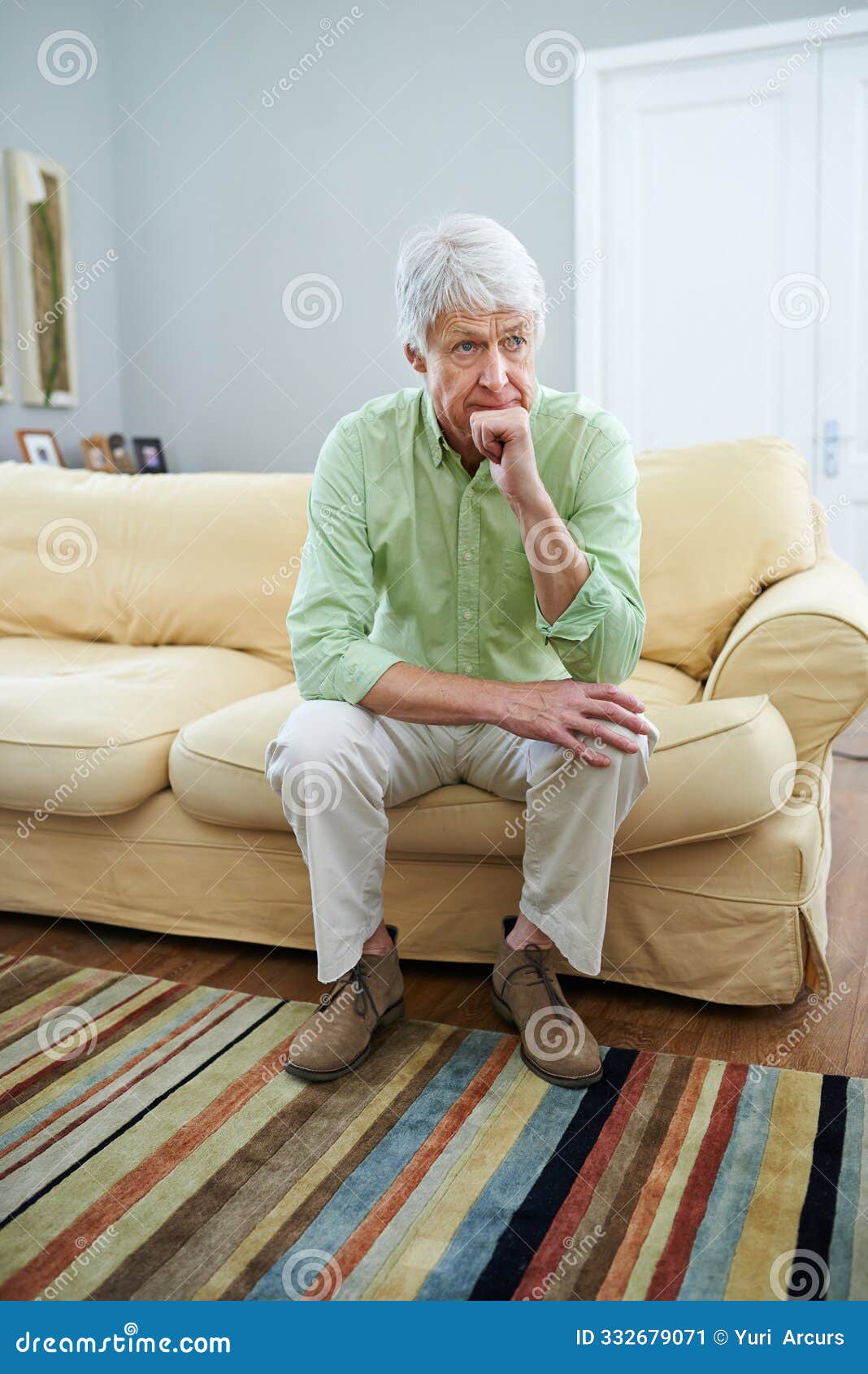 Senior Man, Reflection and Couch in Home with Ideas, Memory and ...
