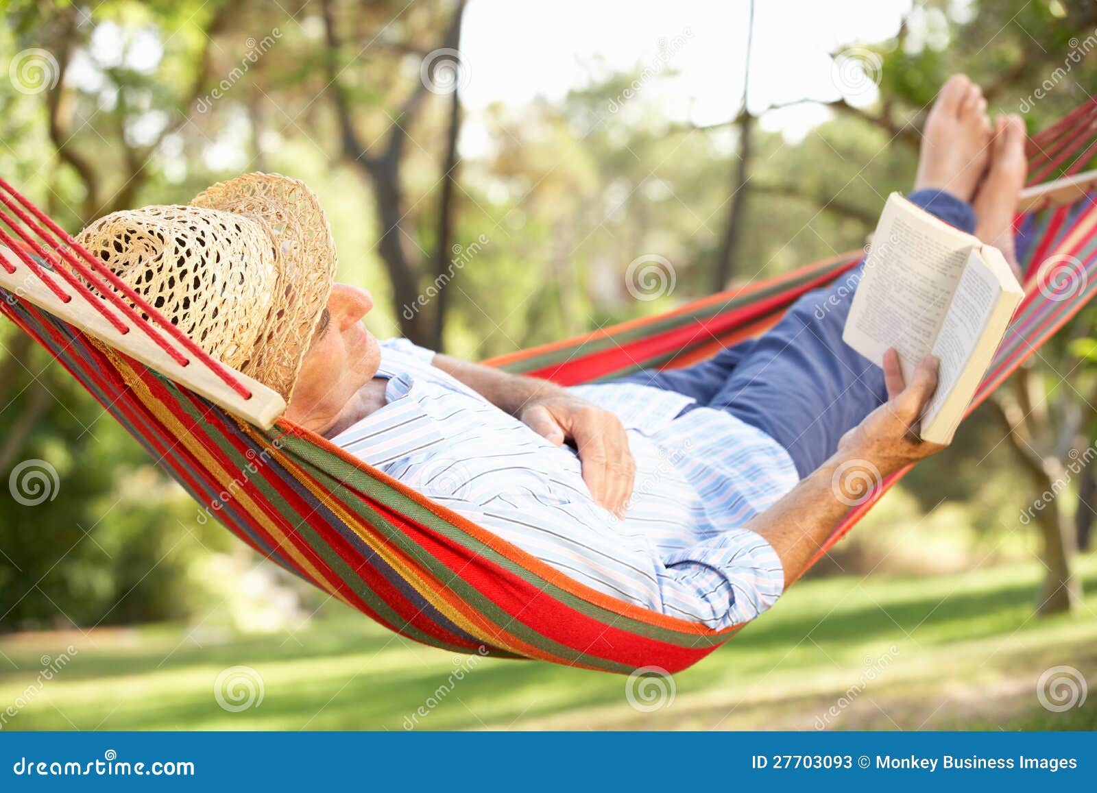 Senior Man Relaxing in Hammock with Book Stock Image - Image of length ...