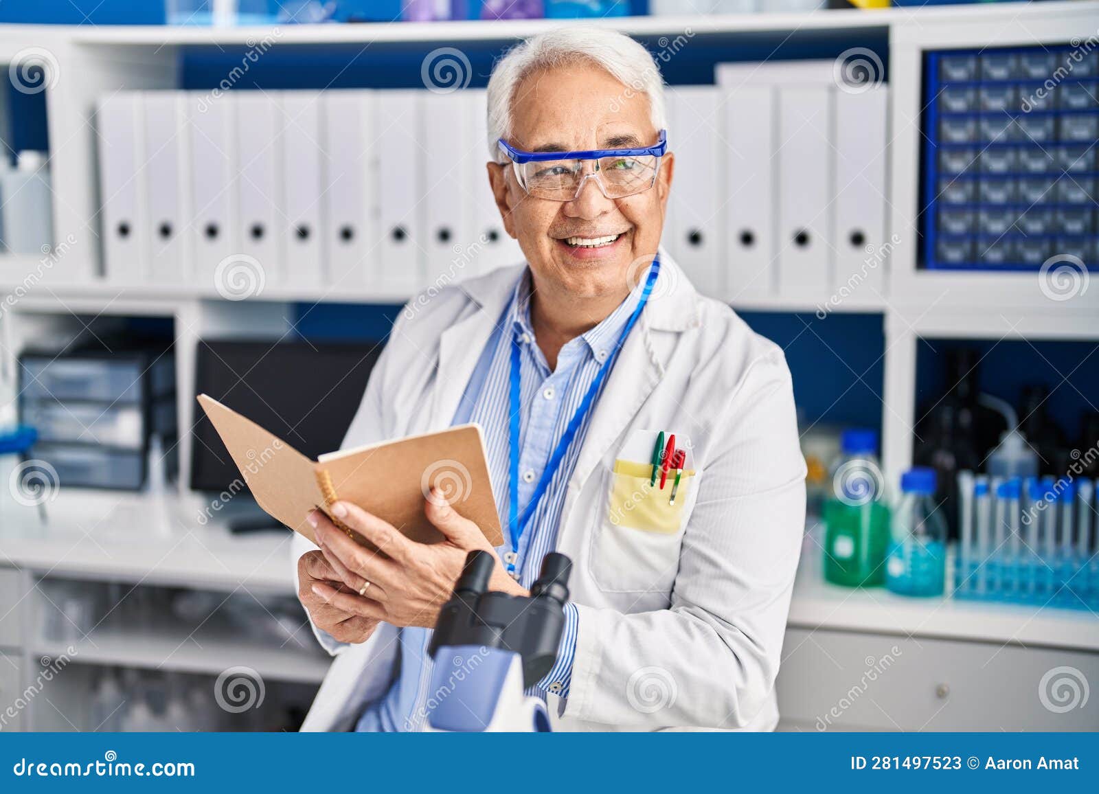 Senior Man Scientist Reading Book at Laboratory Stock Image - Image of ...