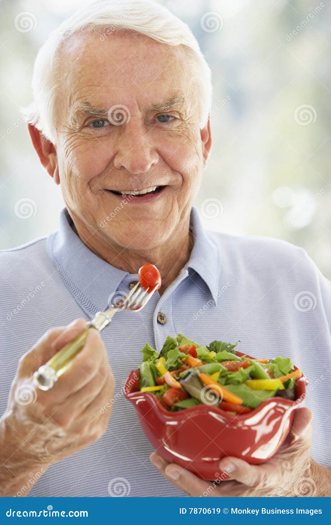 Senior Man Smiling at Camera and Eating Salad Stock Image - Image of ...