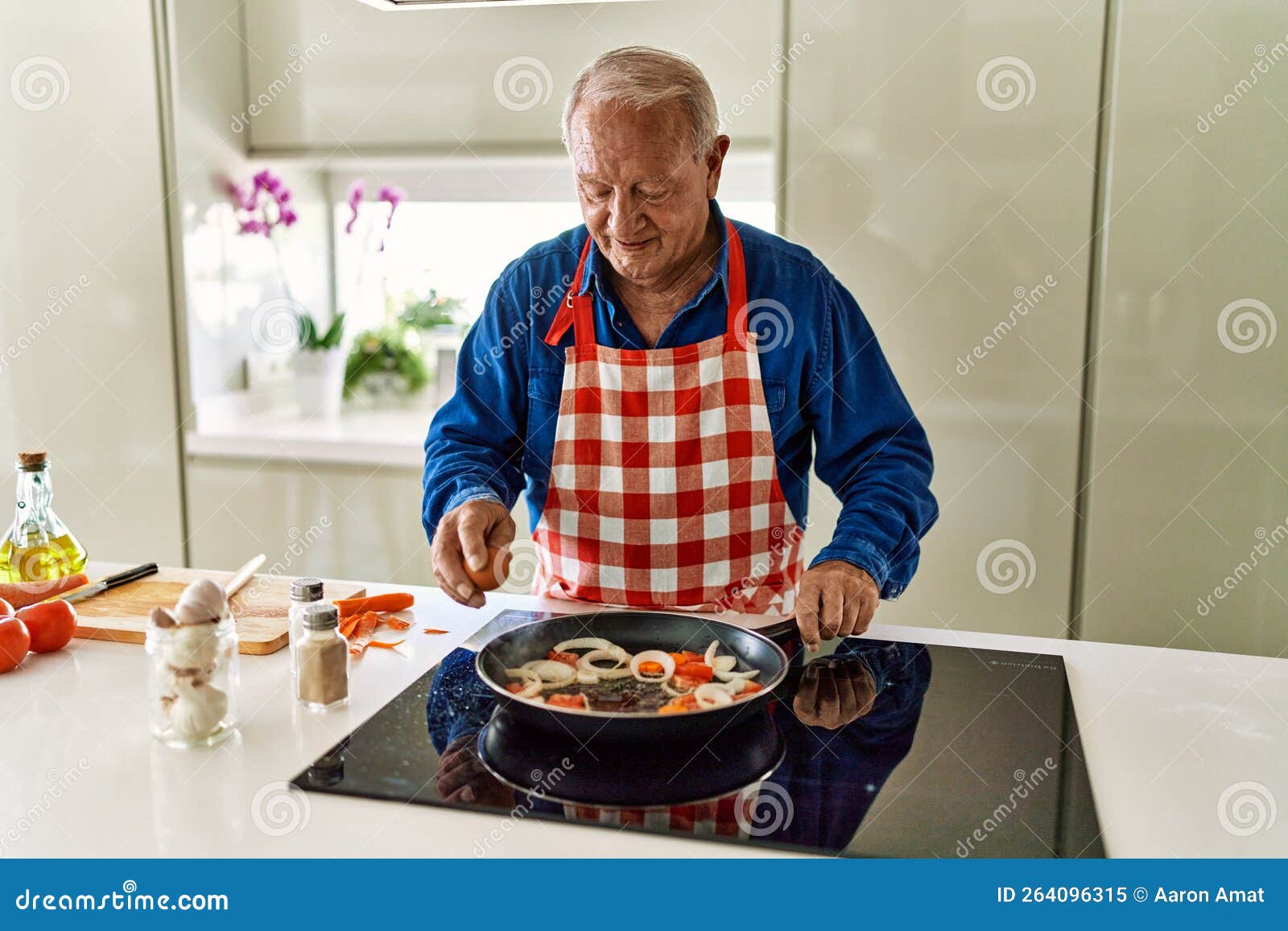 Senior Man Smiling Confident Cooking at Kitchen Stock Image - Image of ...