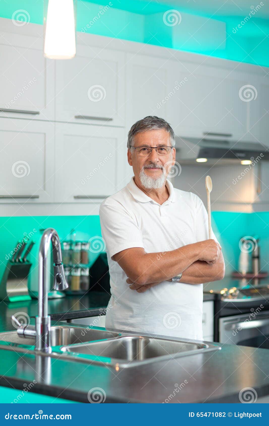 Senior Man Standing in His Modern Kitchen Stock Photo - Image of aged ...