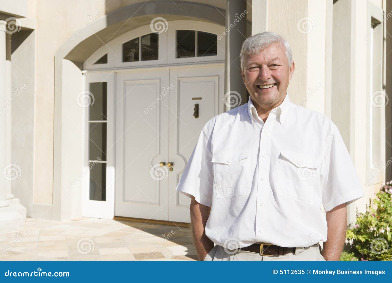 Senior Man Standing Outside House Stock Image - Image of horizontal ...