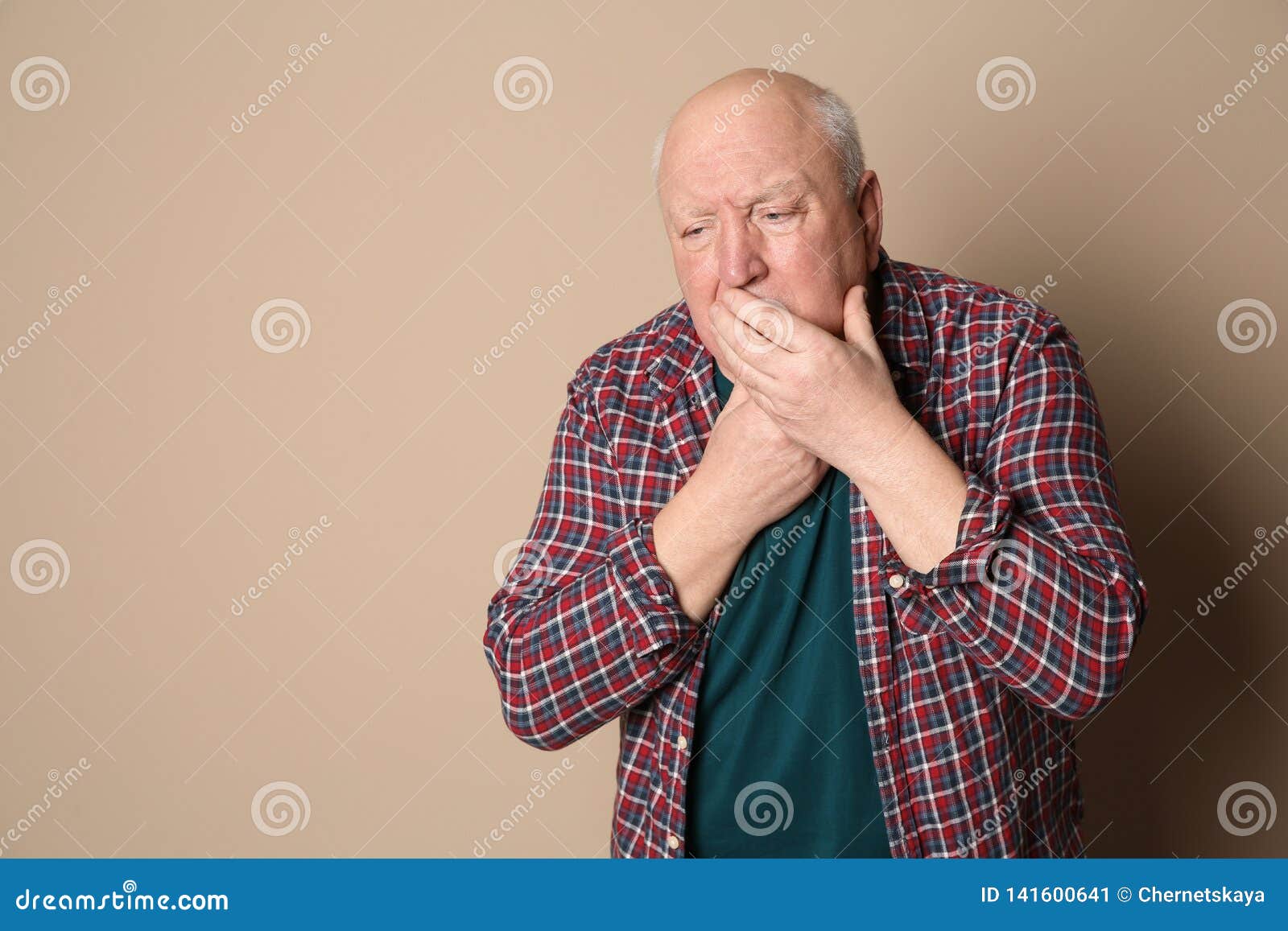 Senior Man Suffering from Cough on Color Background. Stock Image ...