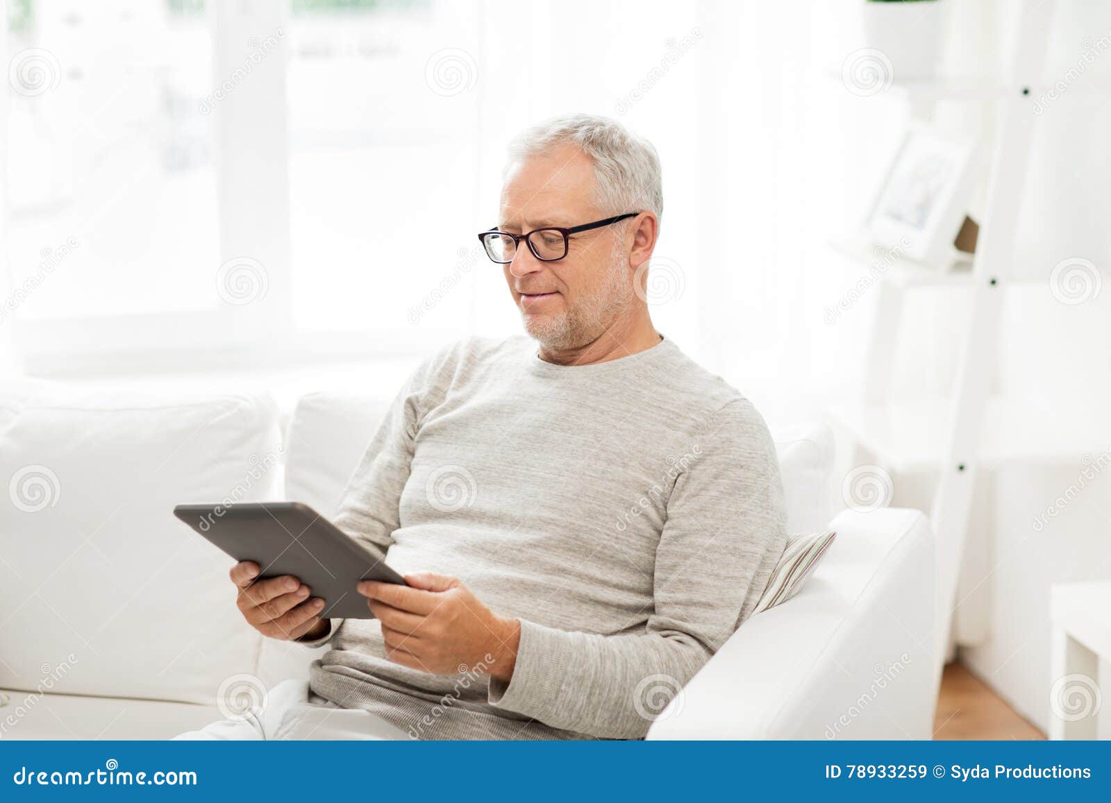 Senior Man with Tablet Pc at Home Stock Image - Image of gadget ...