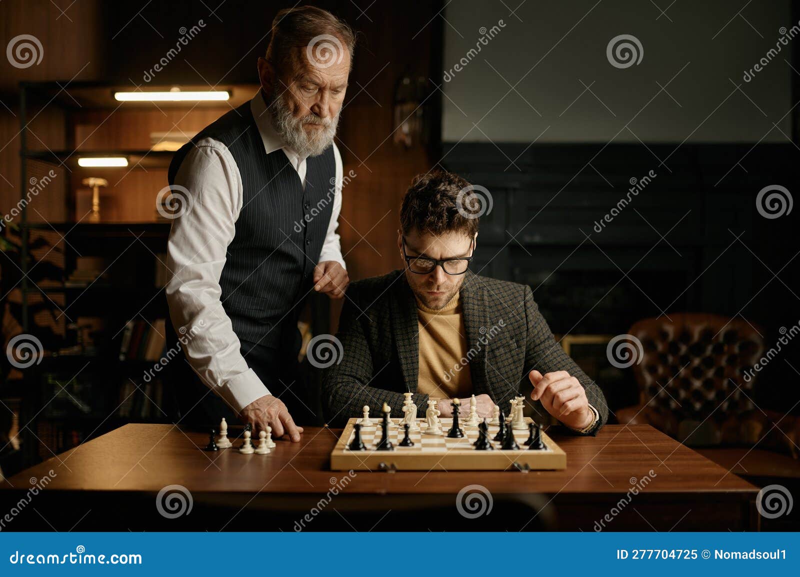 Senior Man Teaching Young Guy Playing Chess Explaining Rules of Game ...