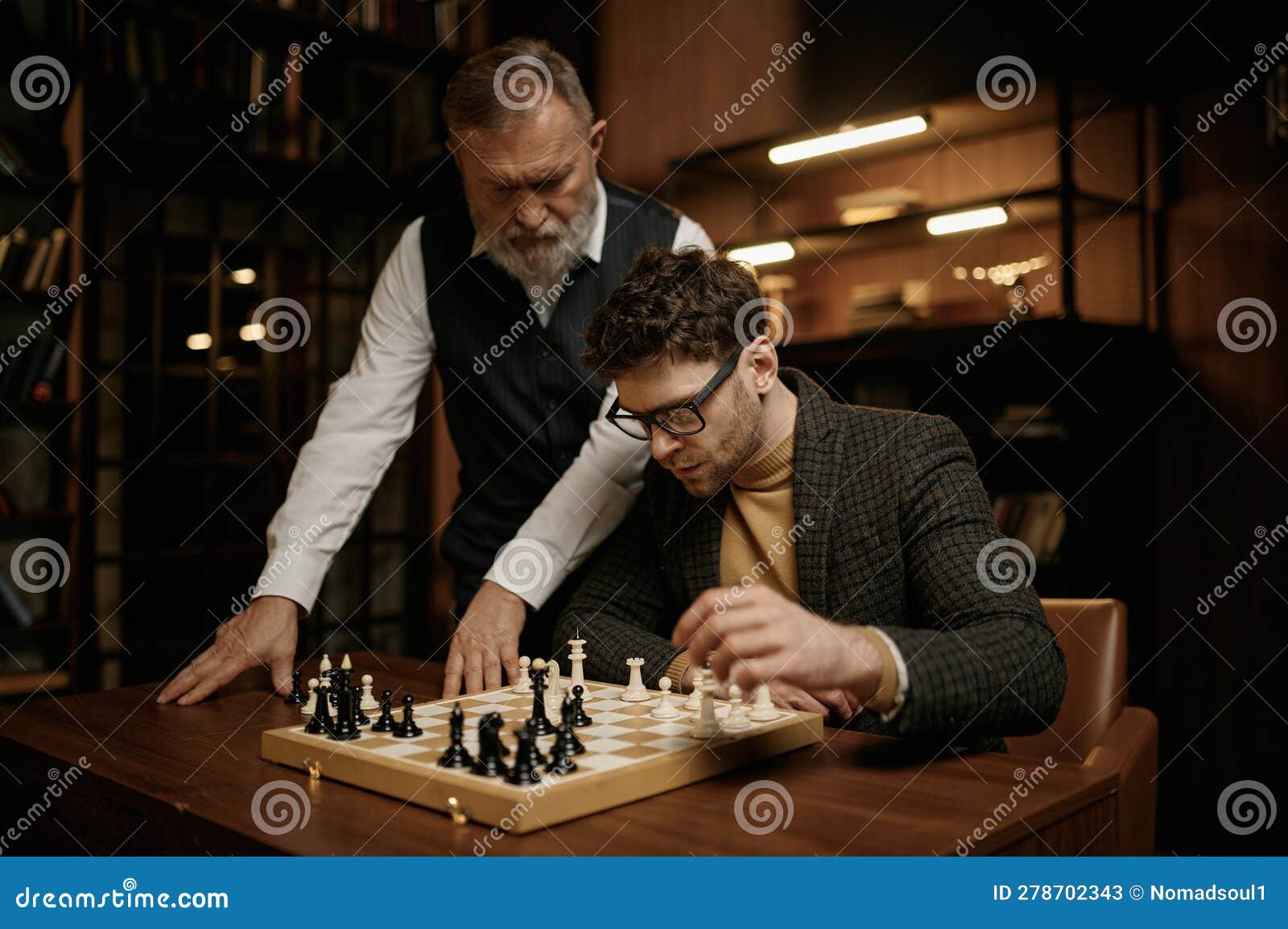 Senior Man Teaching Young Guy Playing Chess Explaining Rules of Game ...